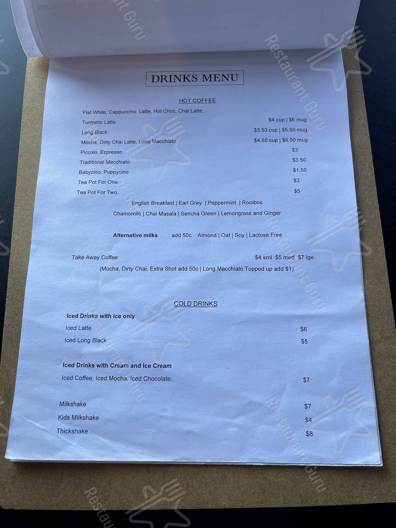 Menu at Café Barco, Safety Bay