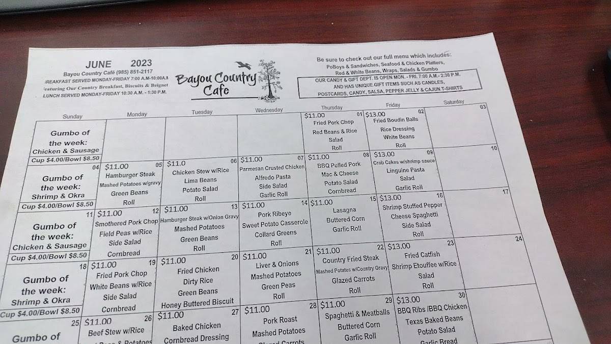 Menu at Bayou Country Cafe, Houma