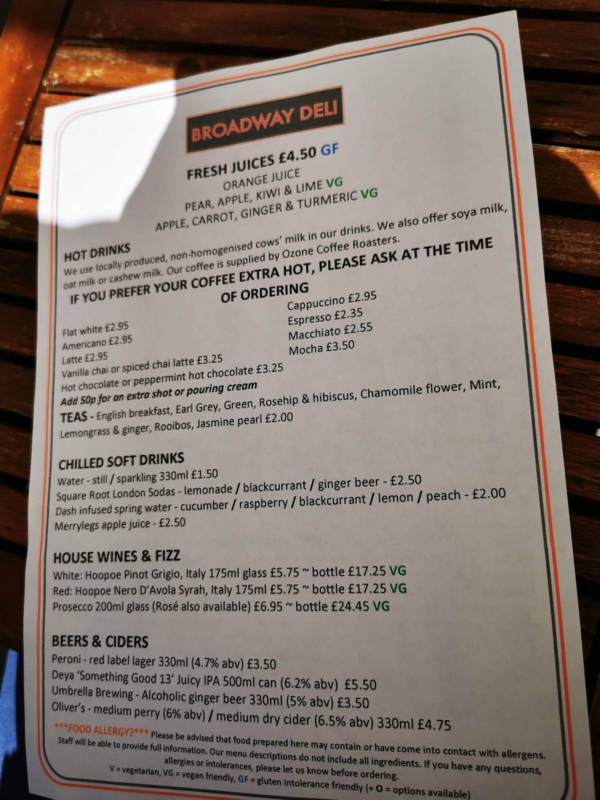 Menu at Broadway Deli cafe, Broadway