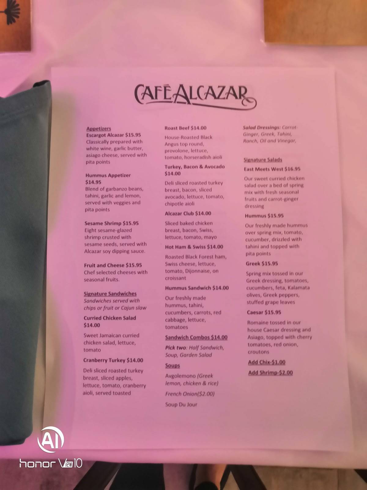 Menu at Café Alcazar cafe, St. Augustine