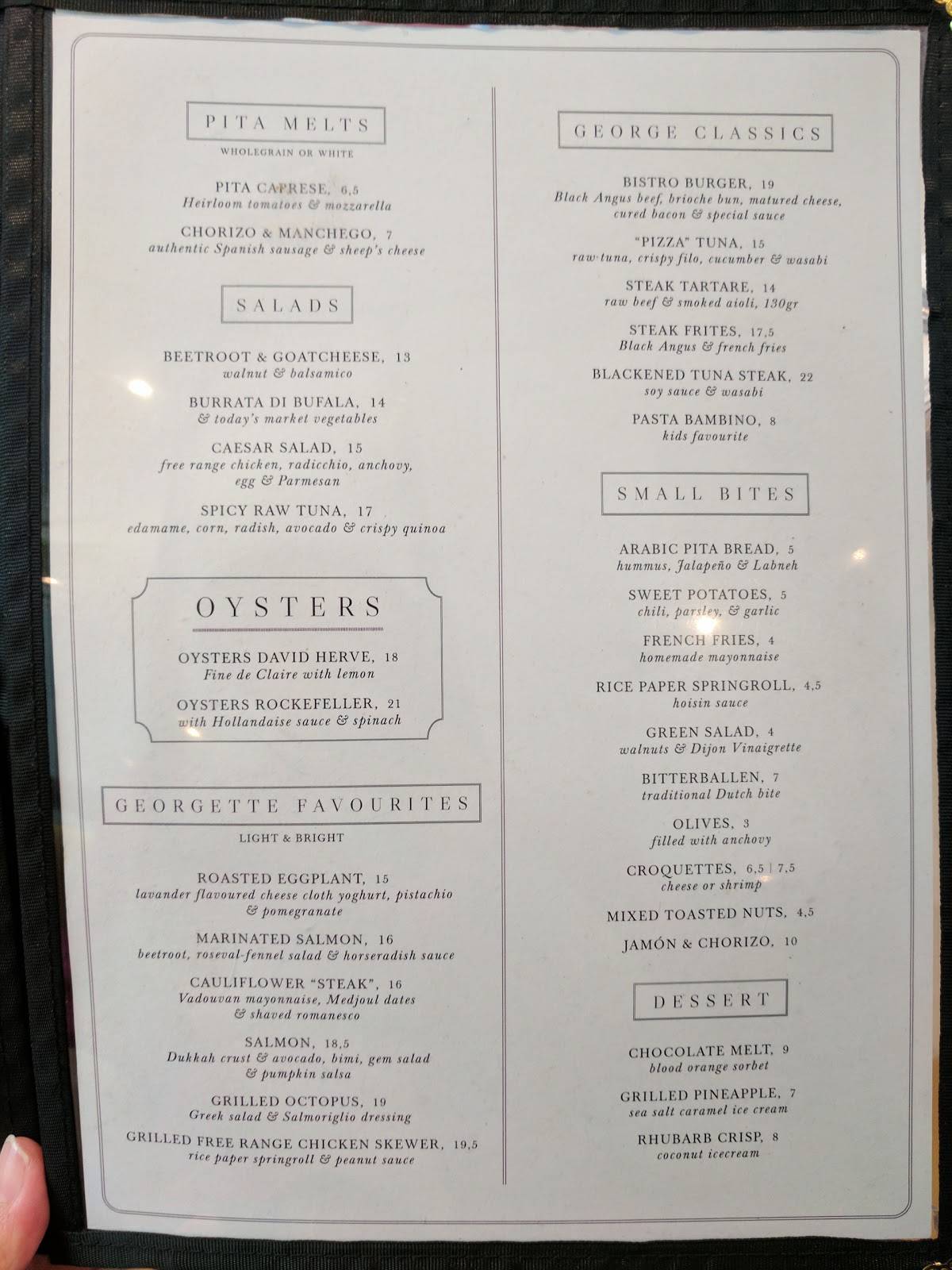 Menu at Café Georgette, Amsterdam, Pieter Cornelisz Hooftstraat 87A