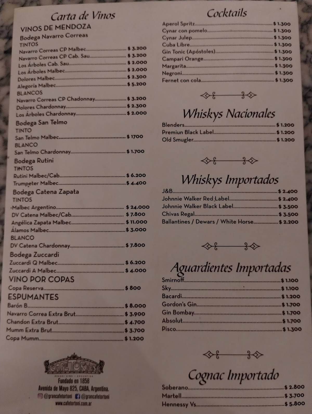 Menu at Café Tortoni, Buenos Aires, Av. de Mayo 825