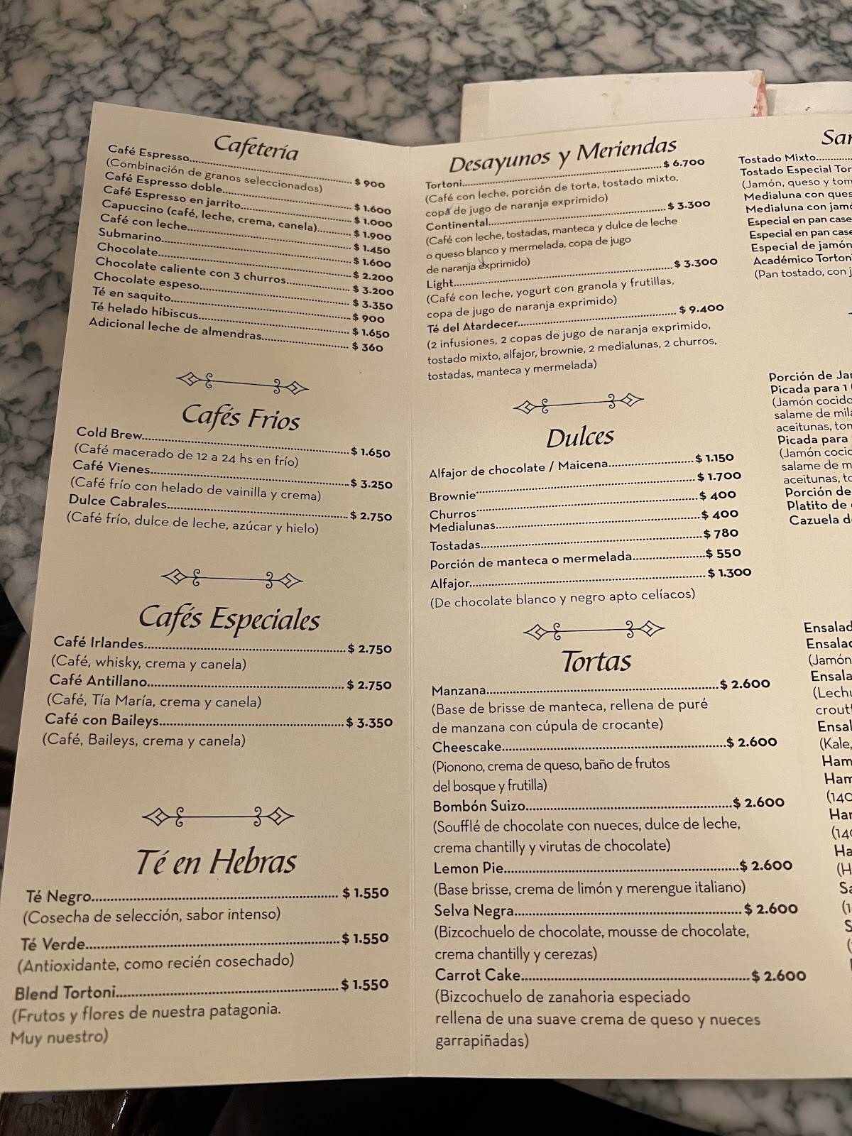 Menu at Café Tortoni, Buenos Aires, Av. de Mayo 825