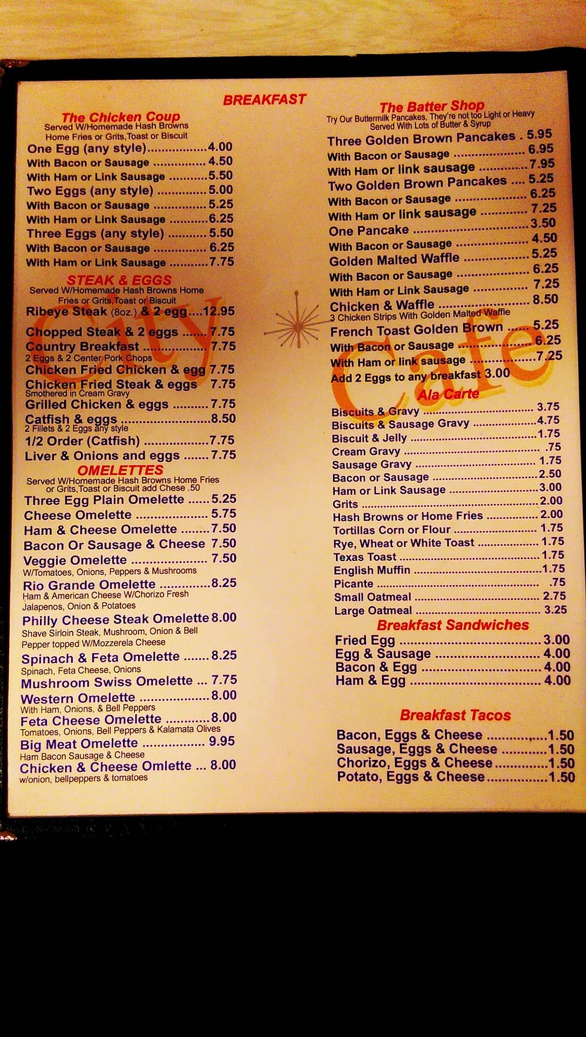 Menu at City Cafe, South Houston, 513 College Ave