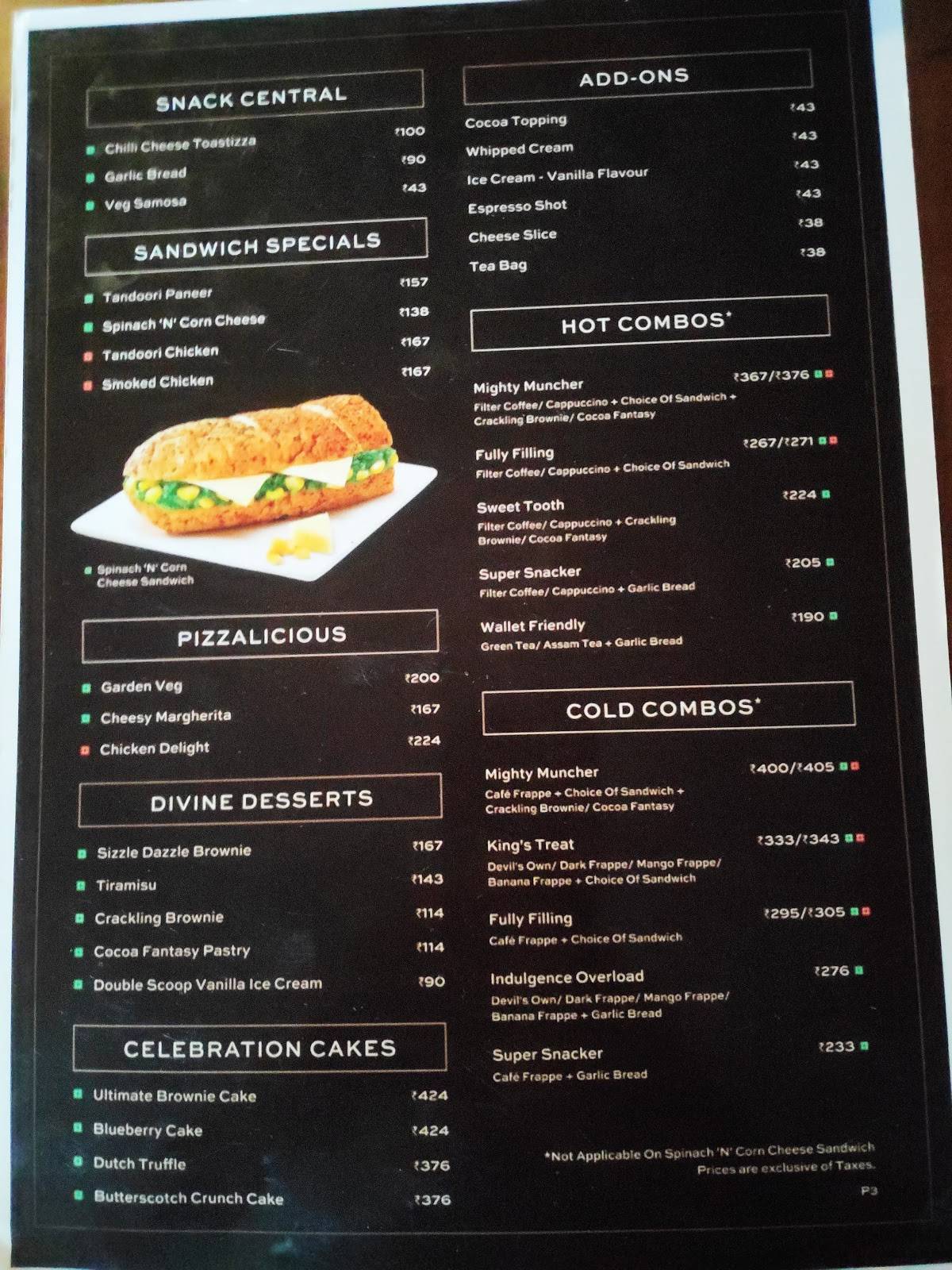 Menu at Café Coffee Day, Angamaly, IOC Jro