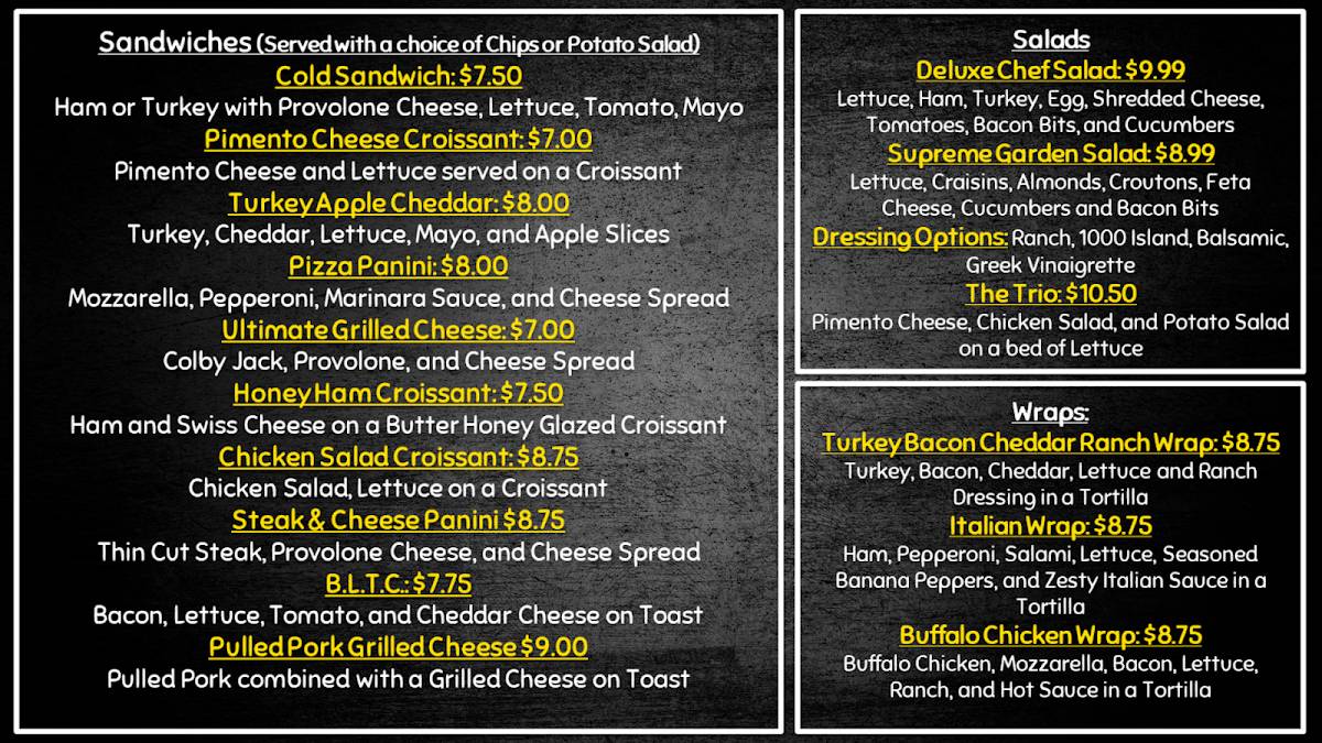 Menu at Cotton Duck Cafe, Pelzer