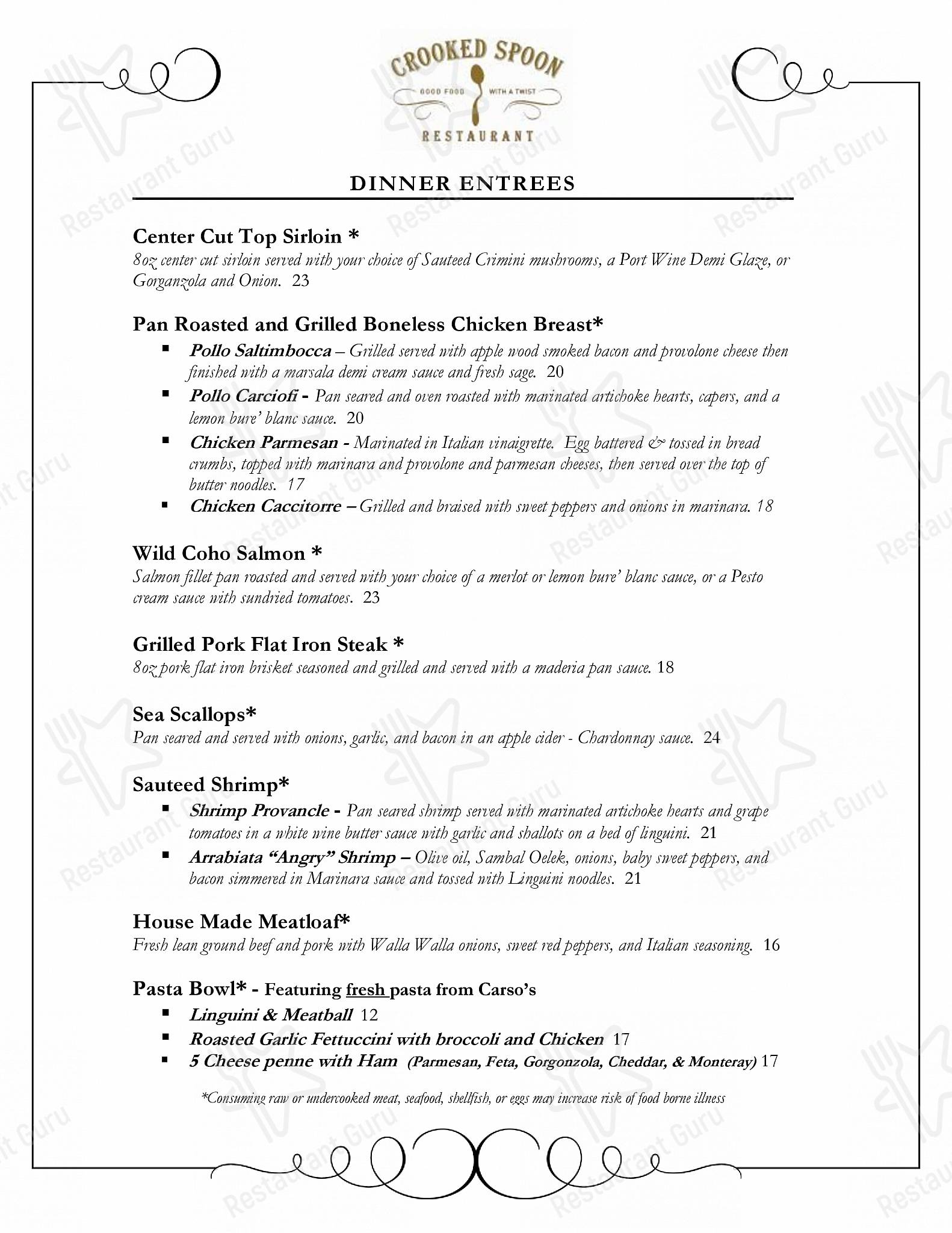 Menu at Crooked Spoon restaurant, Redmond