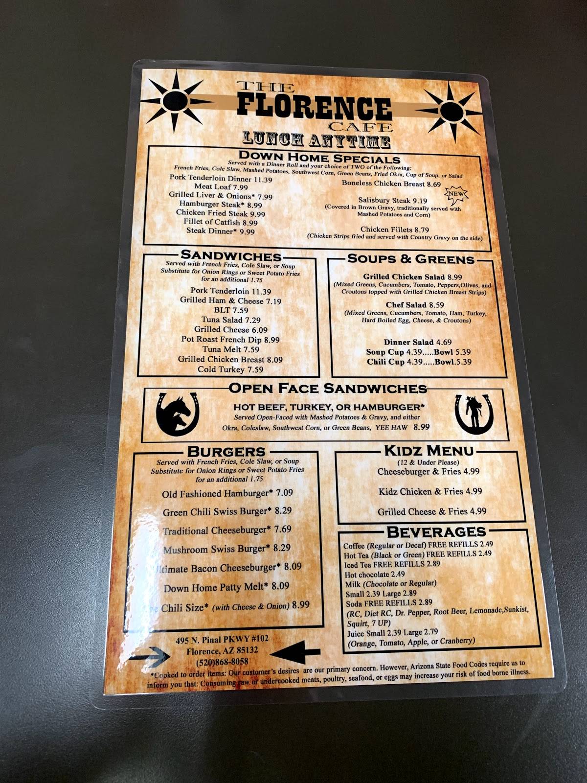 Menu at Florence Cafe, Florence