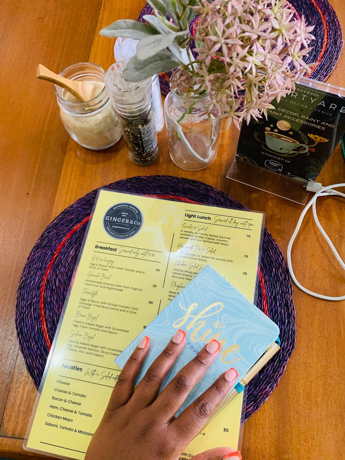 Menu at Ginger & Co cafe, East London