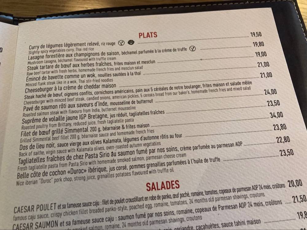 Menu at Café Latéral, Paris