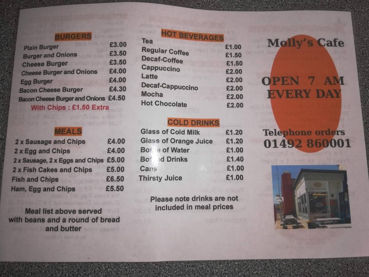 Menu at Molly's Cafe, Llandudno