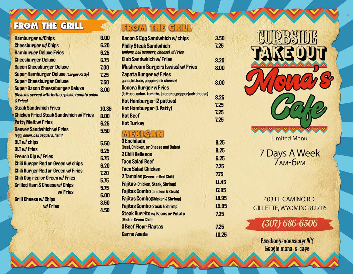 Menu at Mona's Cafe, Gillette