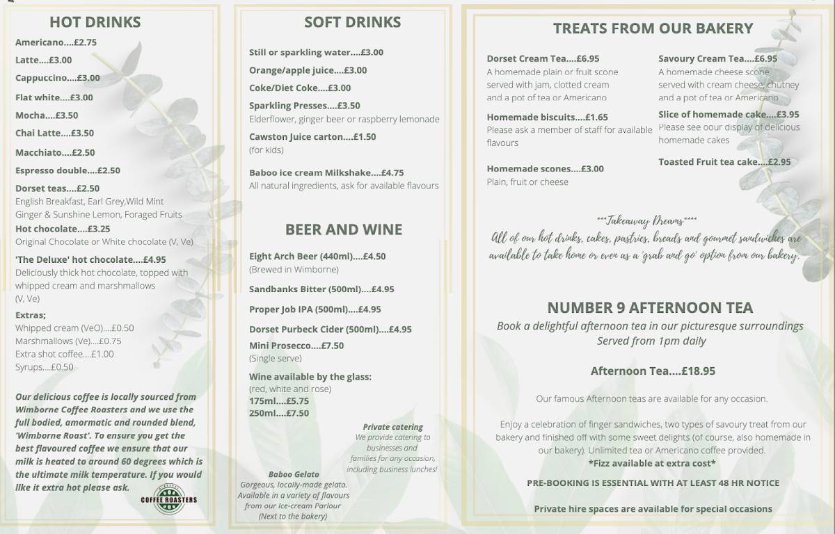 Menu at Number 9 on the green pub & bar, Wimborne Minster