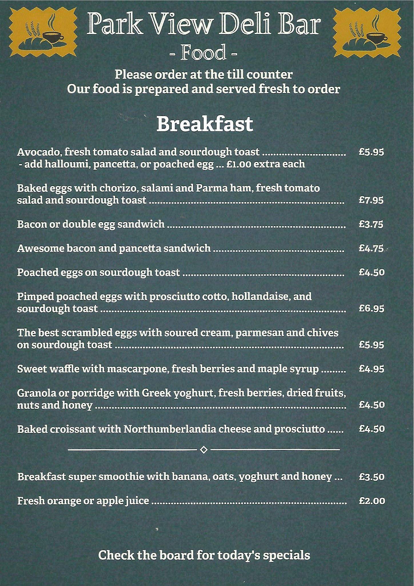Menu at Park View Deli Bar, Whitley Bay
