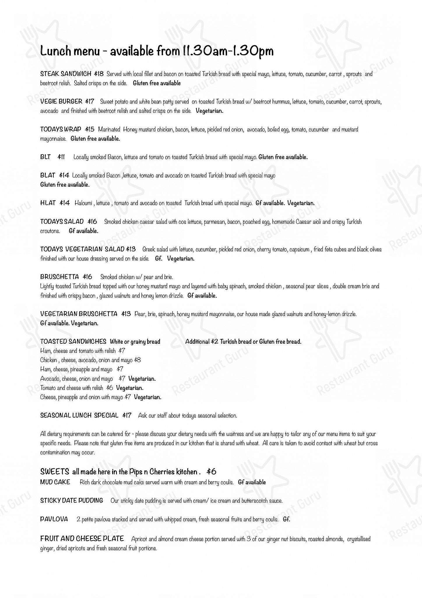Menu at Pips' N' Cherries cafe, Bell