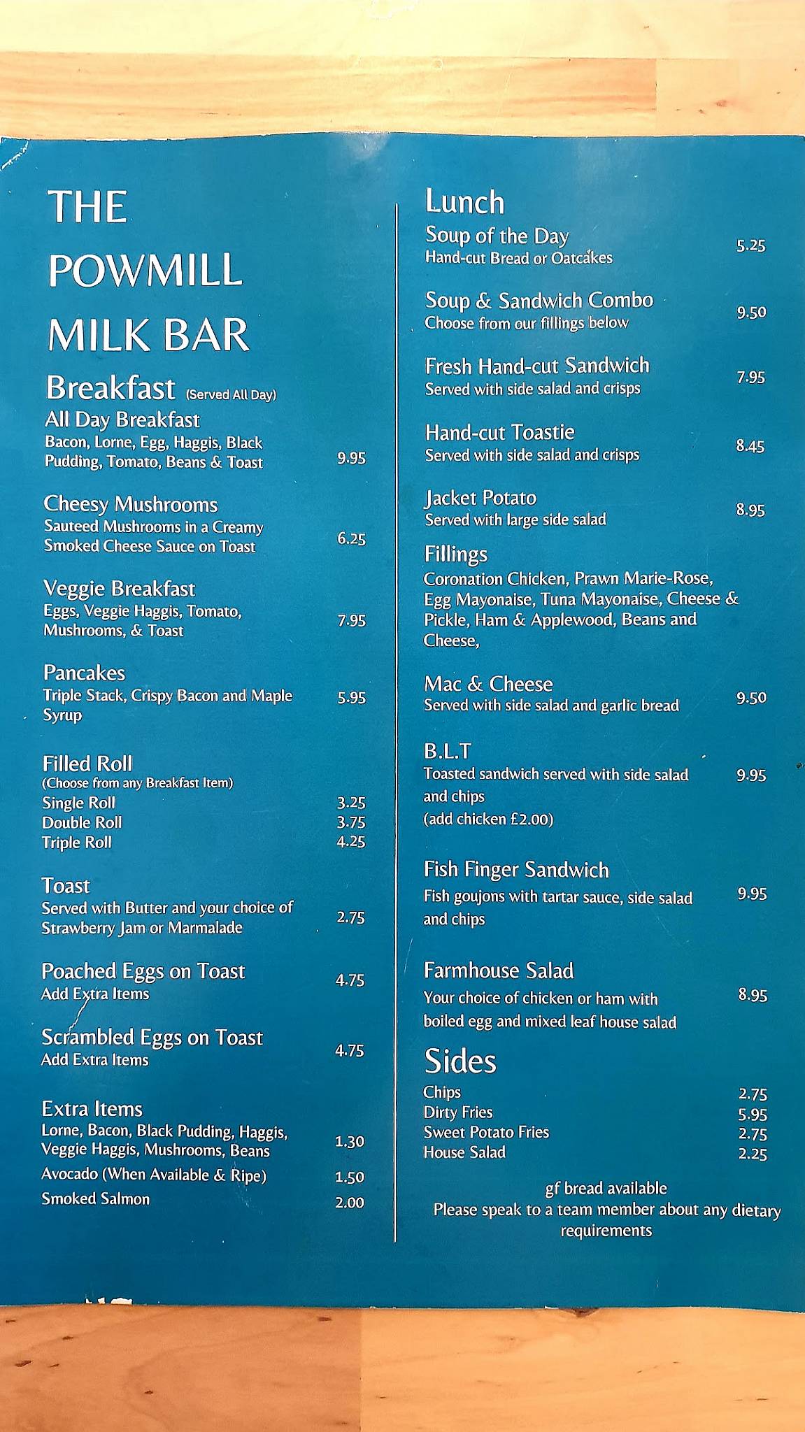 Menu at Powmill Milk Bar LTD, England, Rumbling Bridge