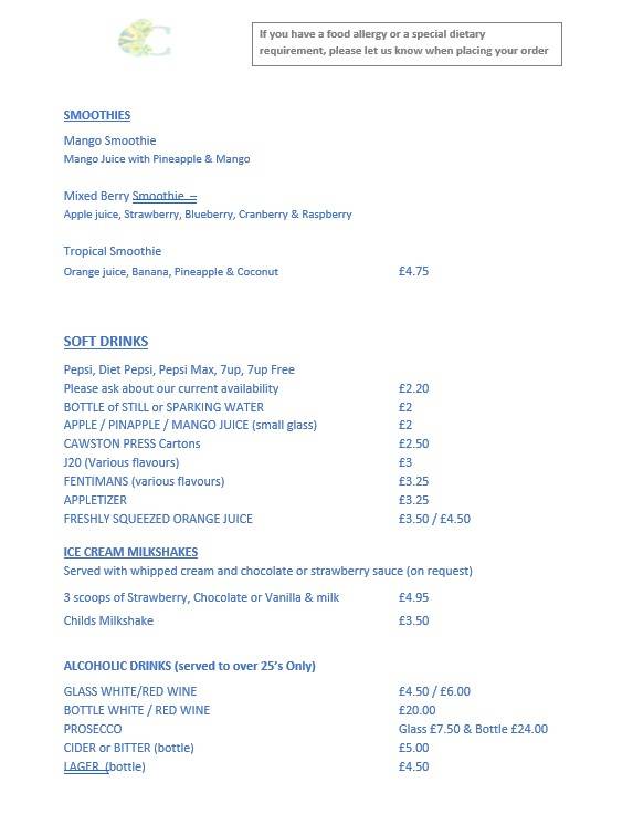 Menu at The Chameleon Cafe, Great Dunmow