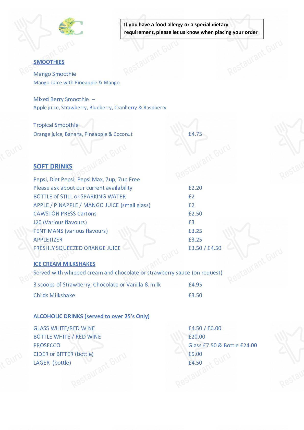 Menu at The Chameleon Cafe, Great Dunmow