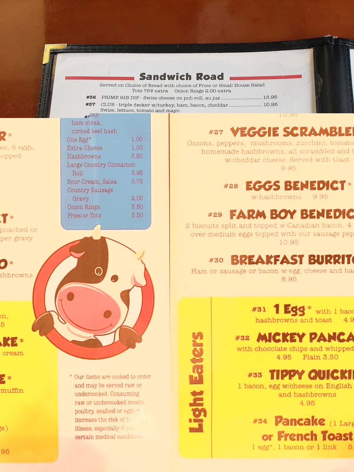 Menu at Tippy cow cafe, Billings