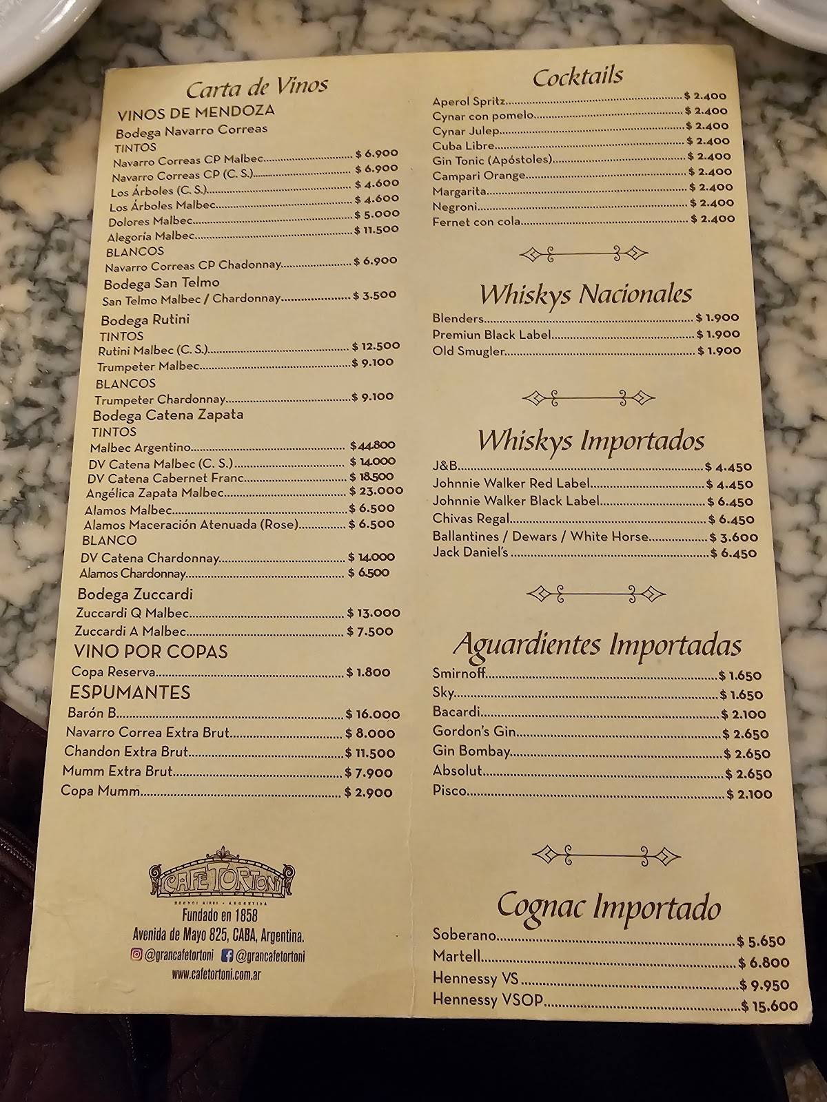 Menu at Café Tortoni, Buenos Aires, Av. de Mayo 825