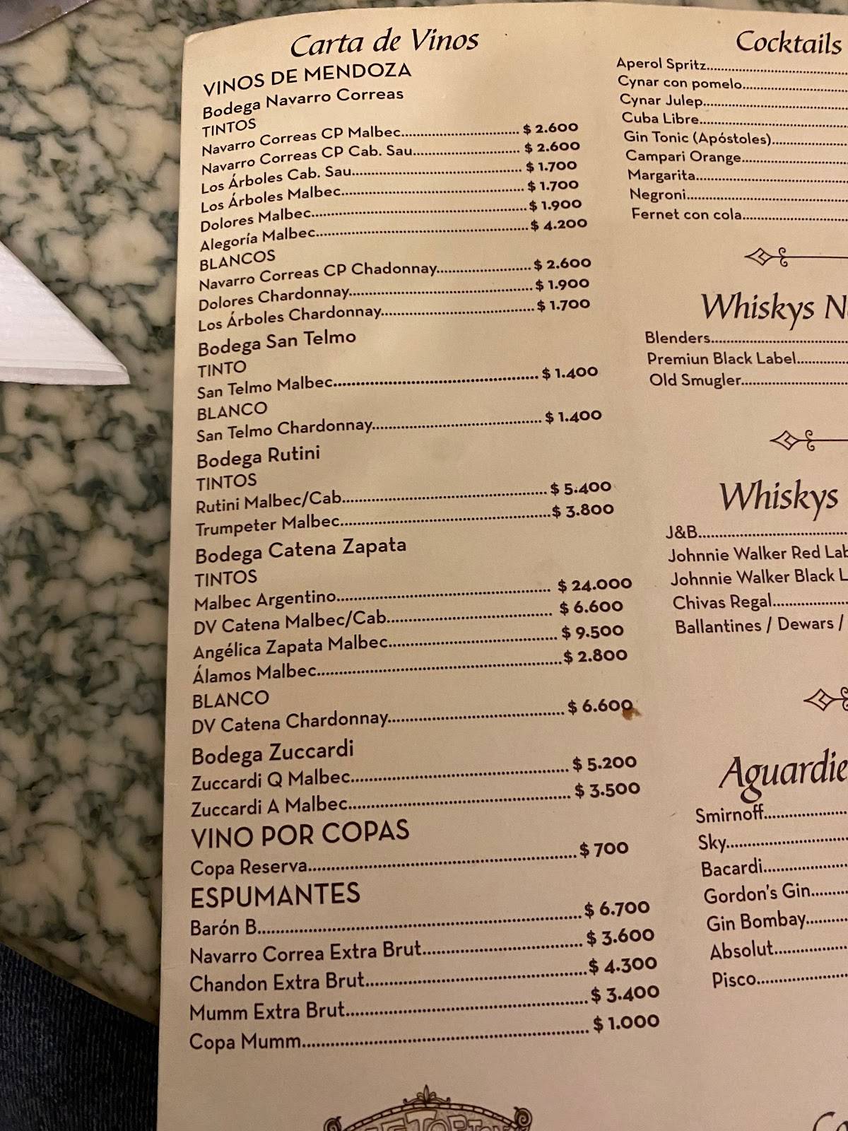 Menu at Café Tortoni, Buenos Aires, Av. de Mayo 825