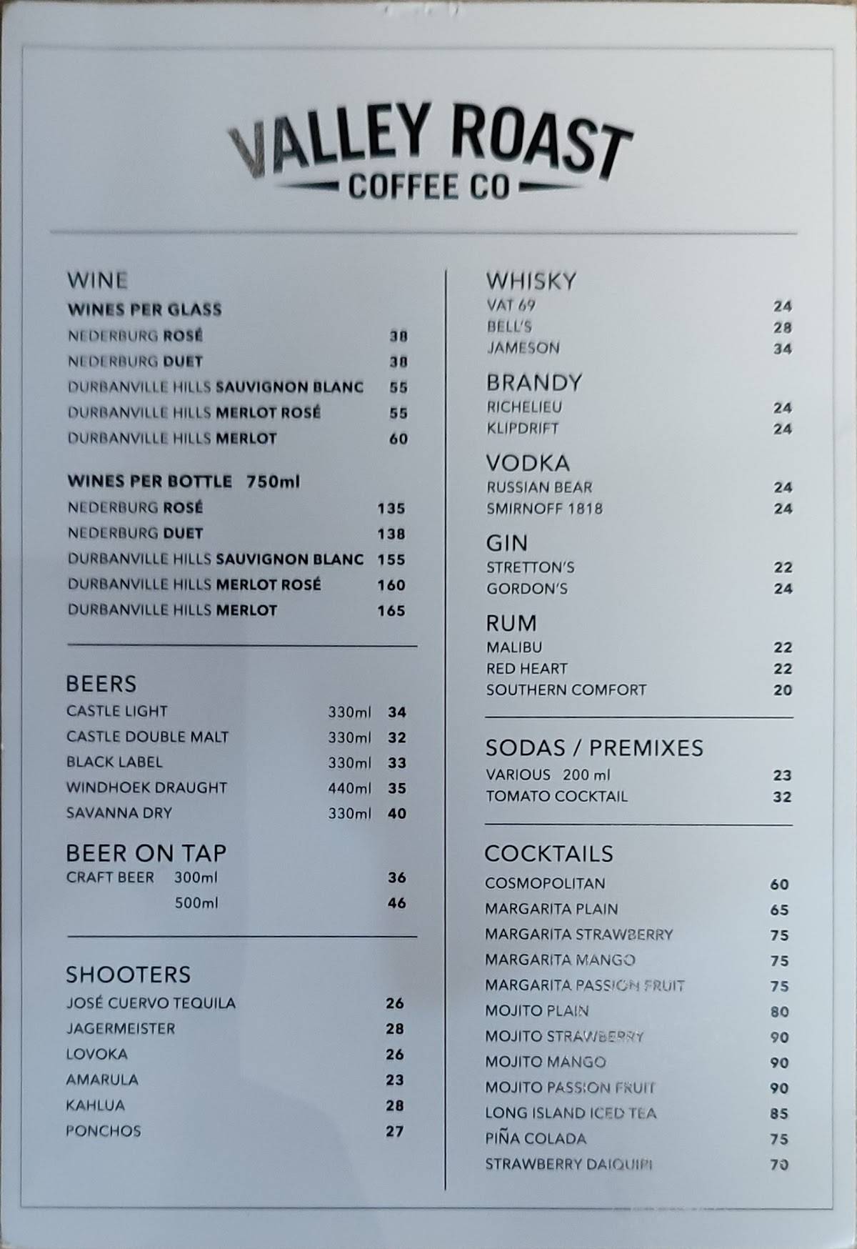 Menu at Valley Roast Coffee Co cafe, Cape Town