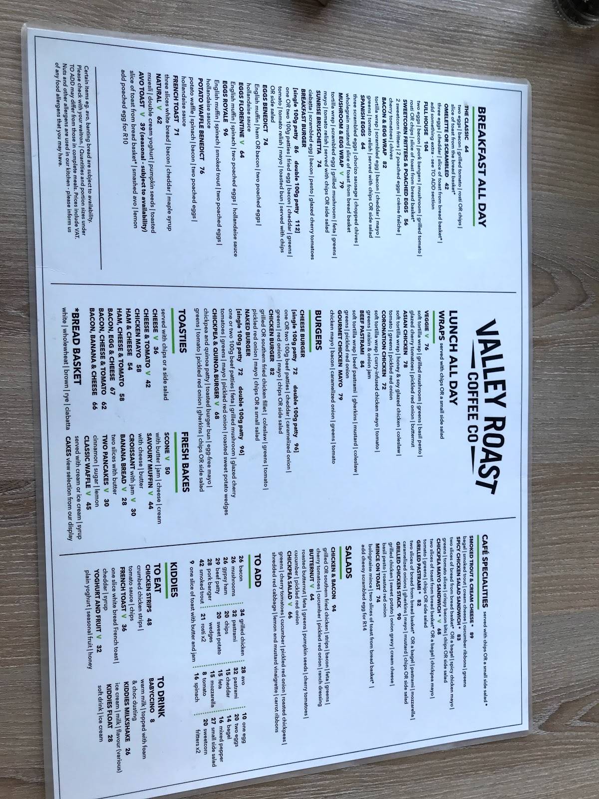 Speisekarte von Valley Roast Coffee Co cafe, Kapstadt