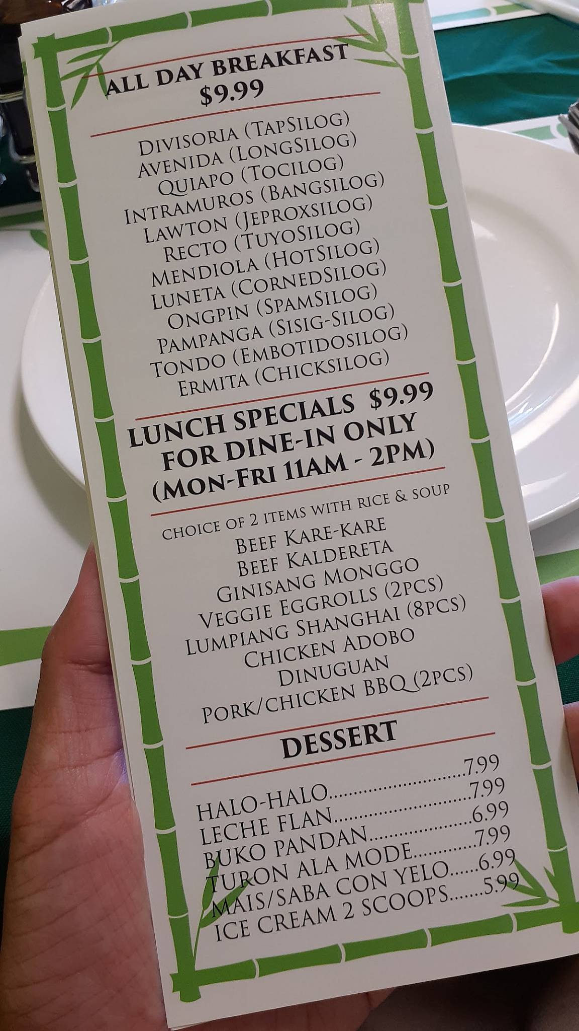 Menu at Cafe de Manila, Las Vegas