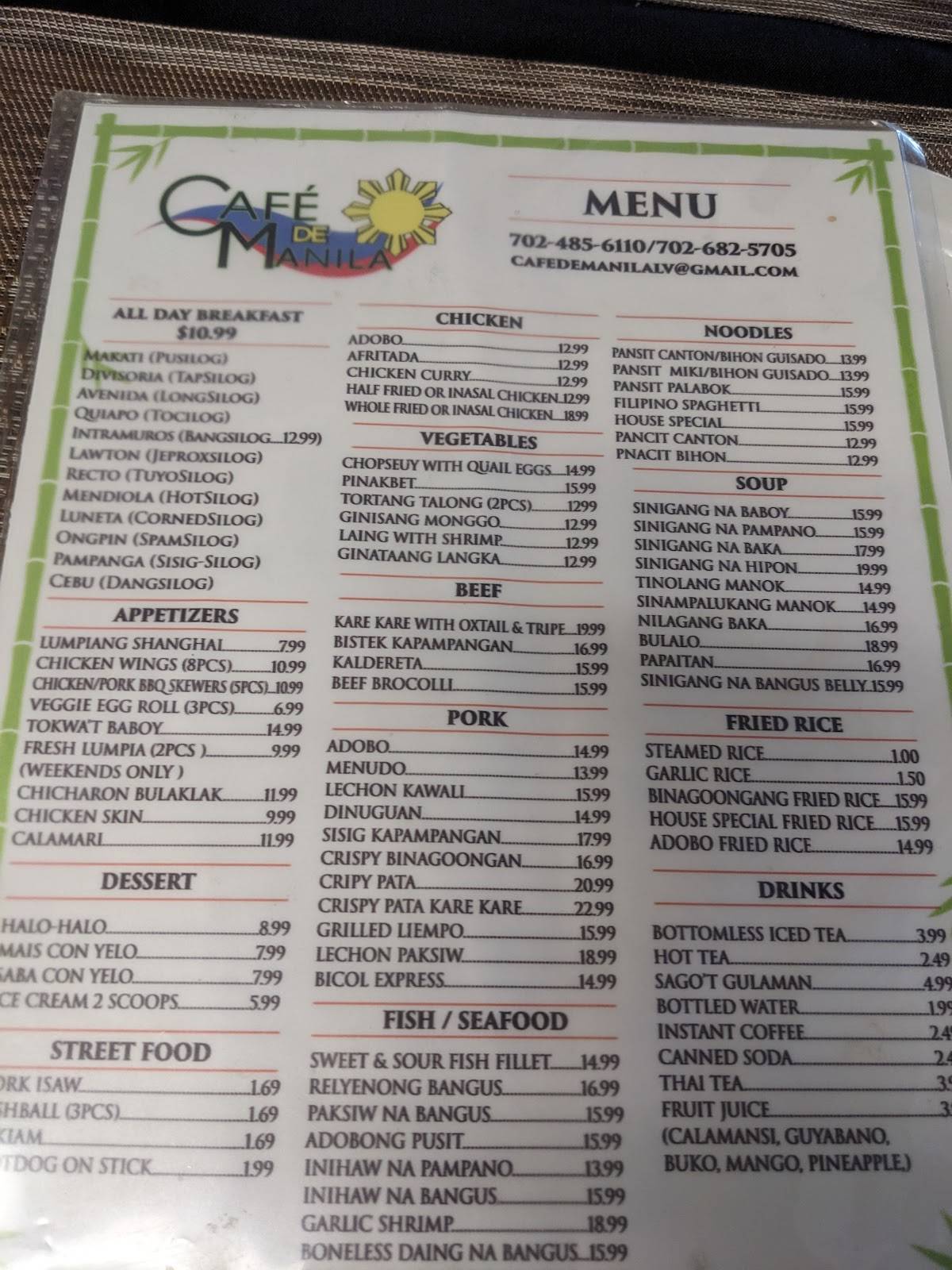 Menu at Cafe de Manila, Las Vegas