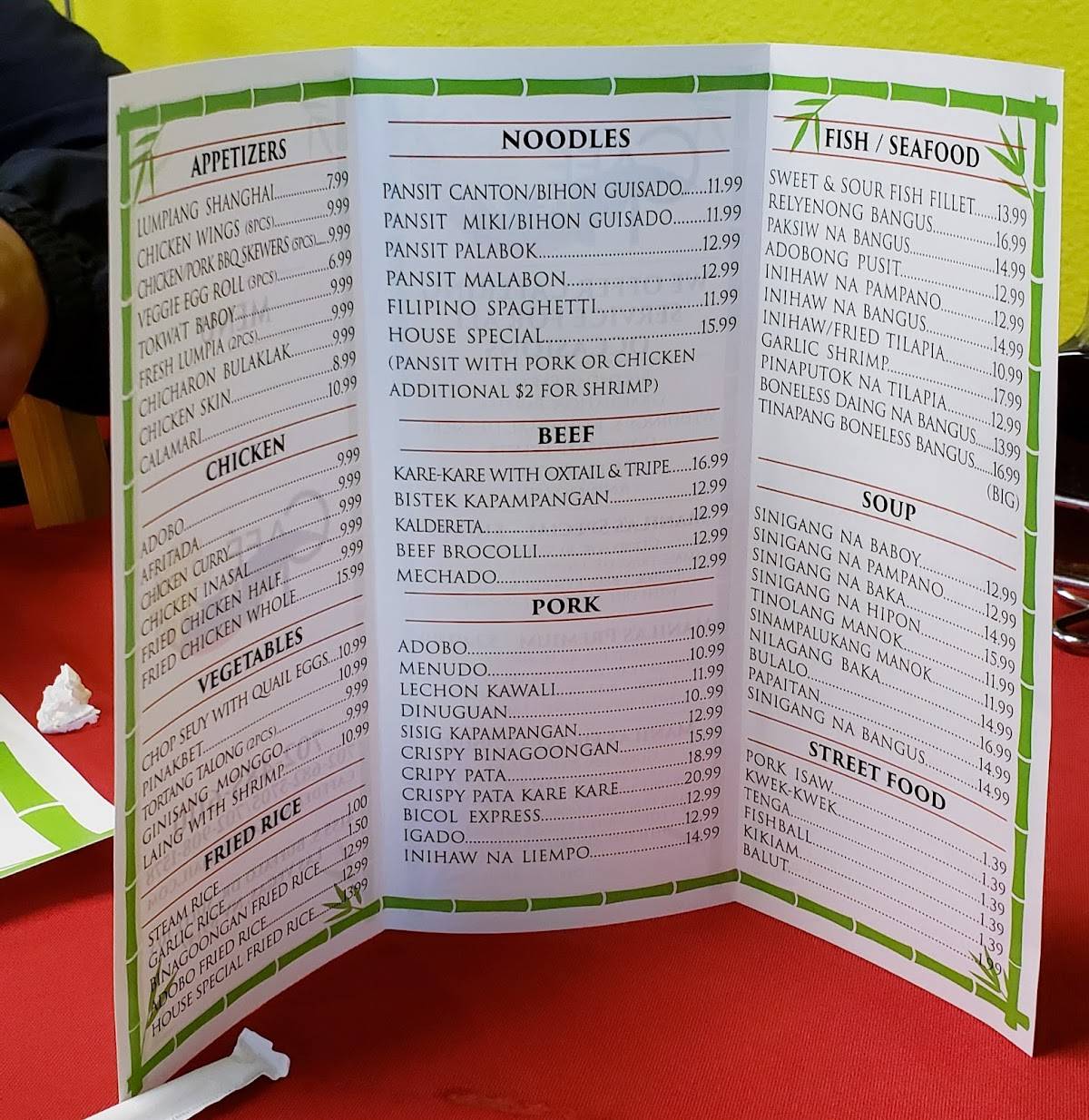 Menu at Cafe de Manila, Las Vegas