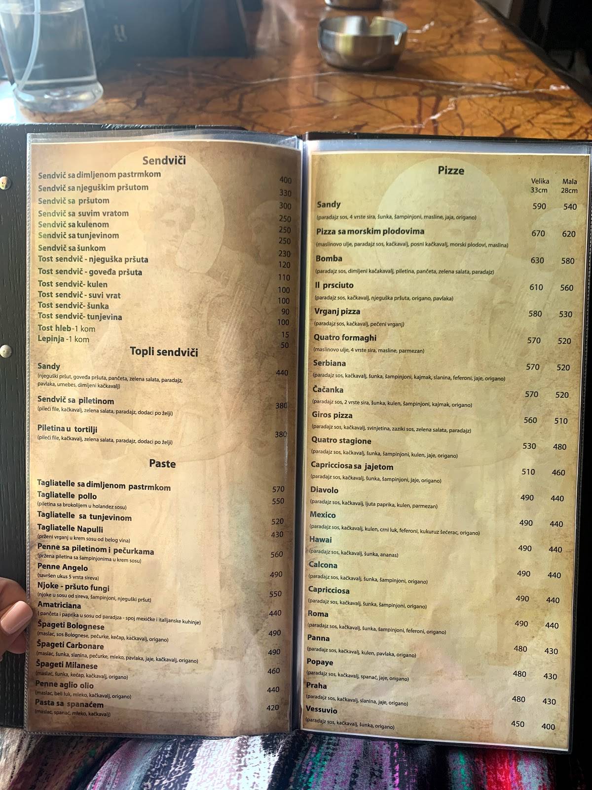 Menu at Caffe pizzeria Sandy, Čačak