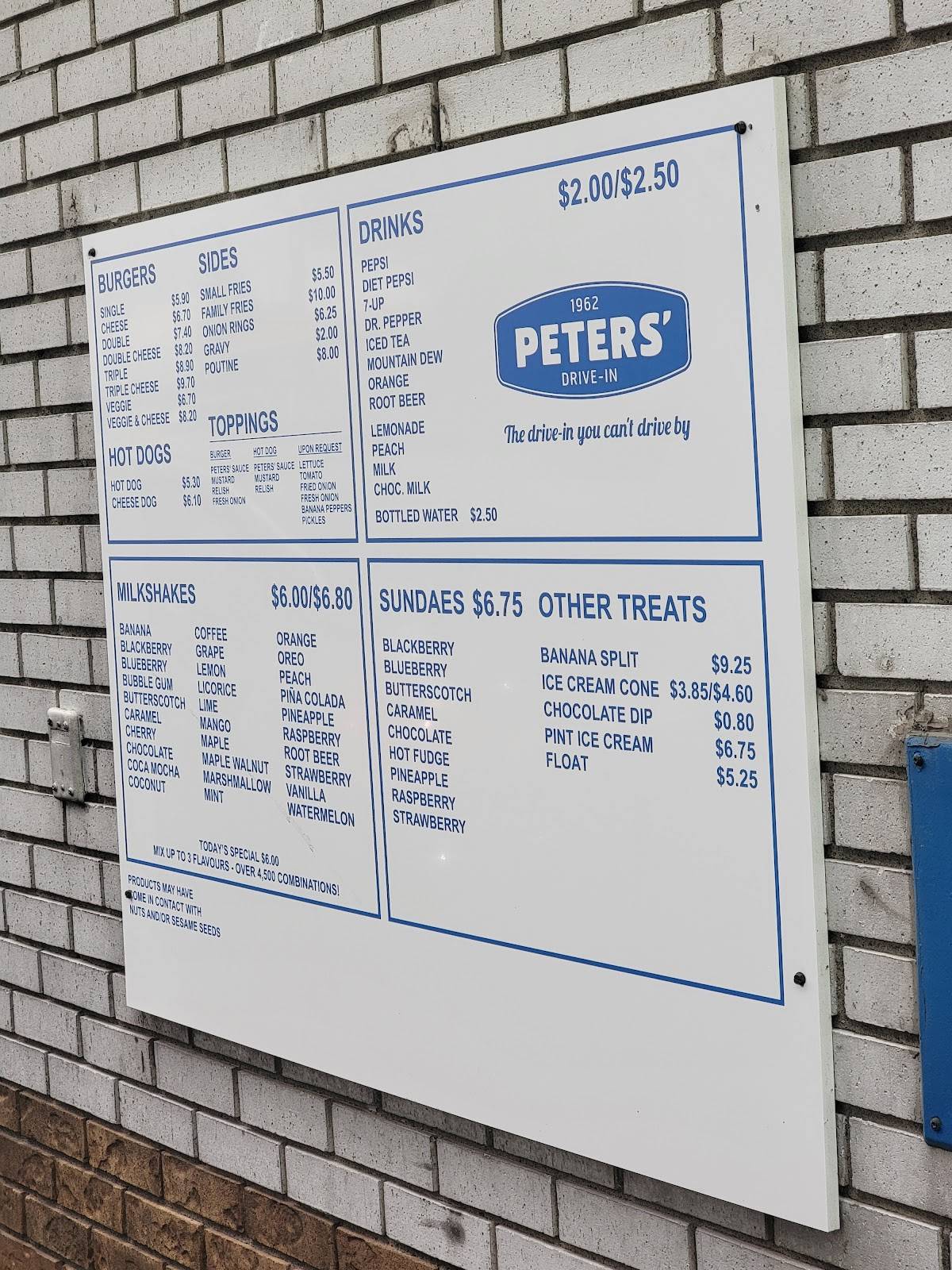 Menu at Peters' Drive-In fast food, Calgary