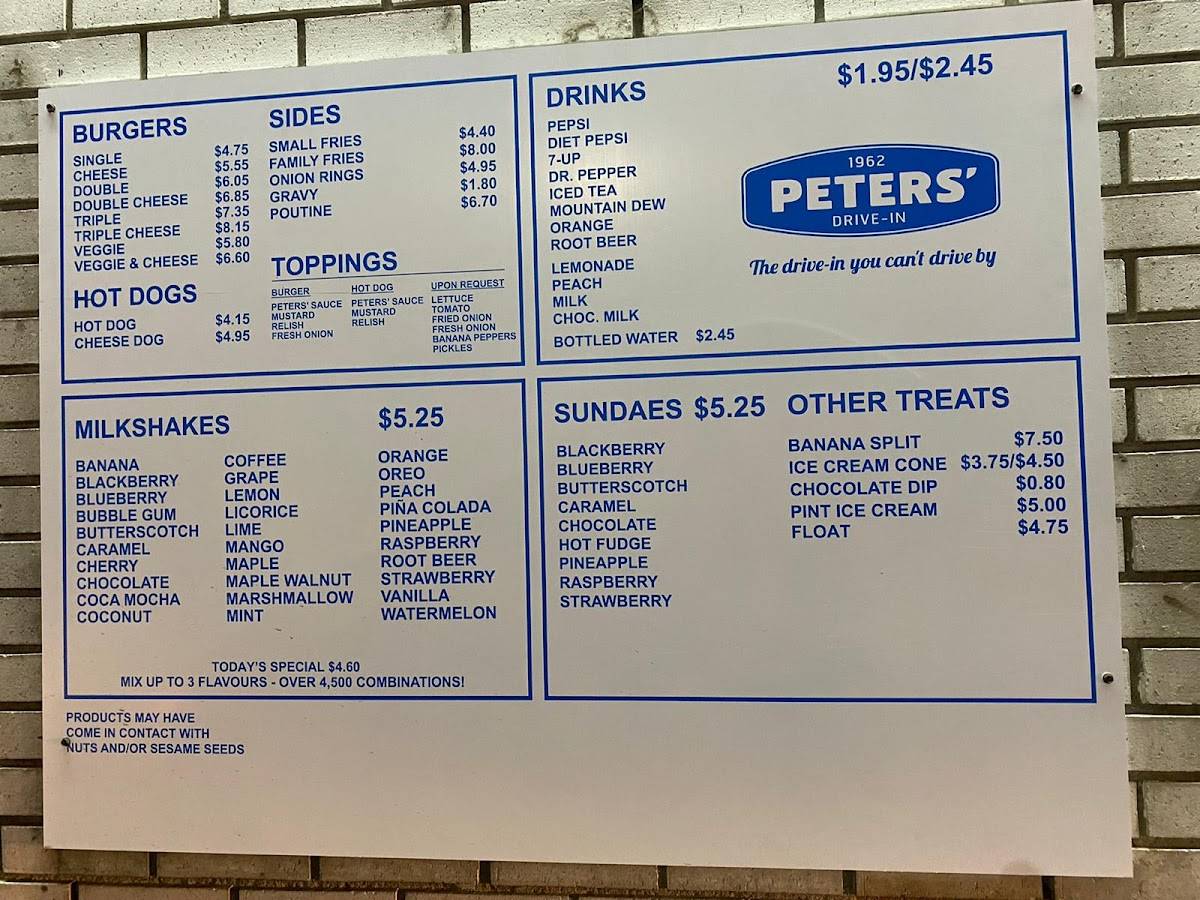 Menu at Peters' Drive-In fast food, Calgary