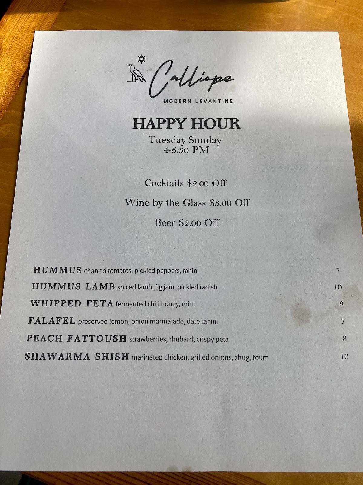 Menu at Calliope Restaurant & Bar, Chattanooga