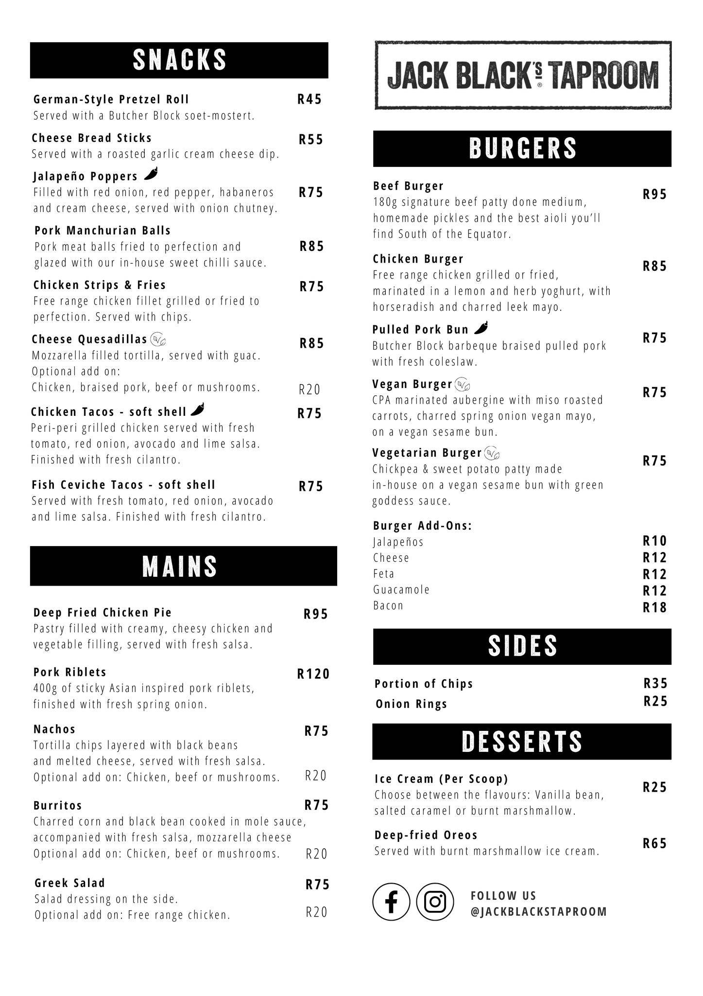 Menu at Jack Black Brewing Company pub & bar, Cape Town