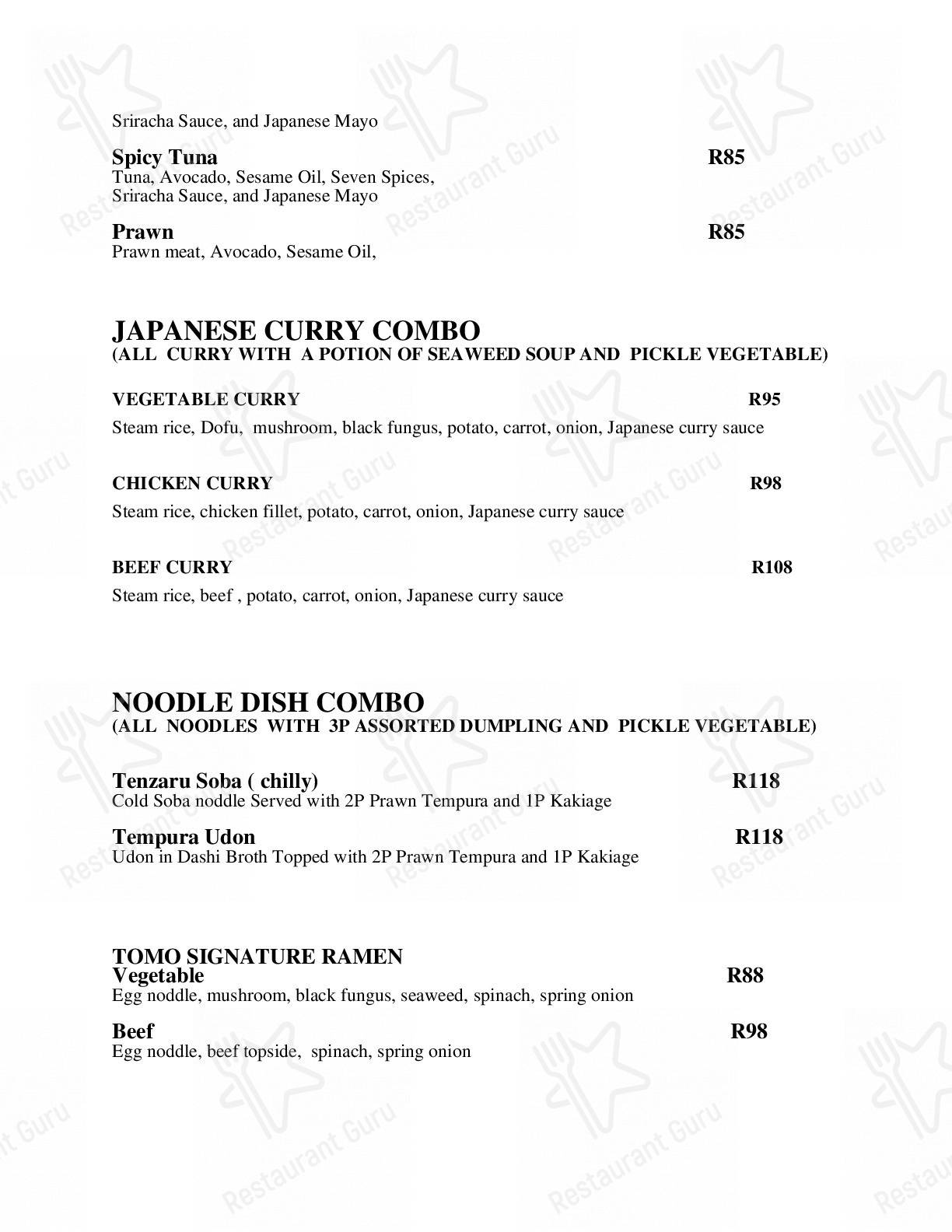 Menu at Tomo Restaurant, Cape Town