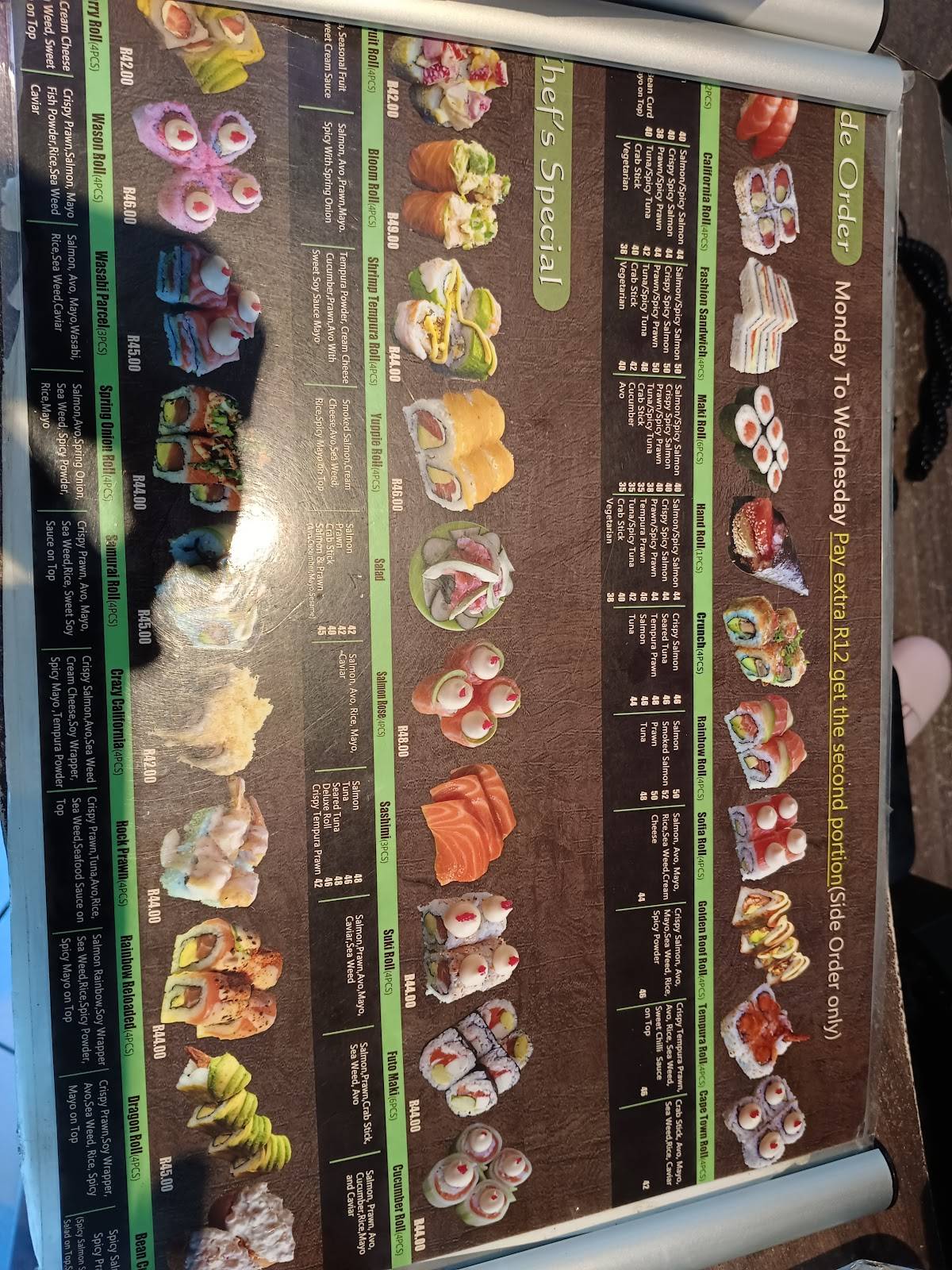Menu at Wason Chinese Sushi restaurant, Cape Town
