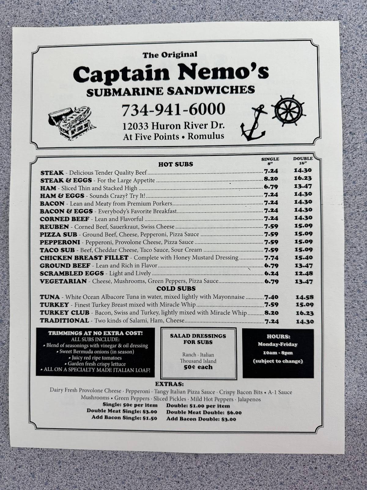 Menu at Captain Nemo's Sandwiches restaurant, Romulus