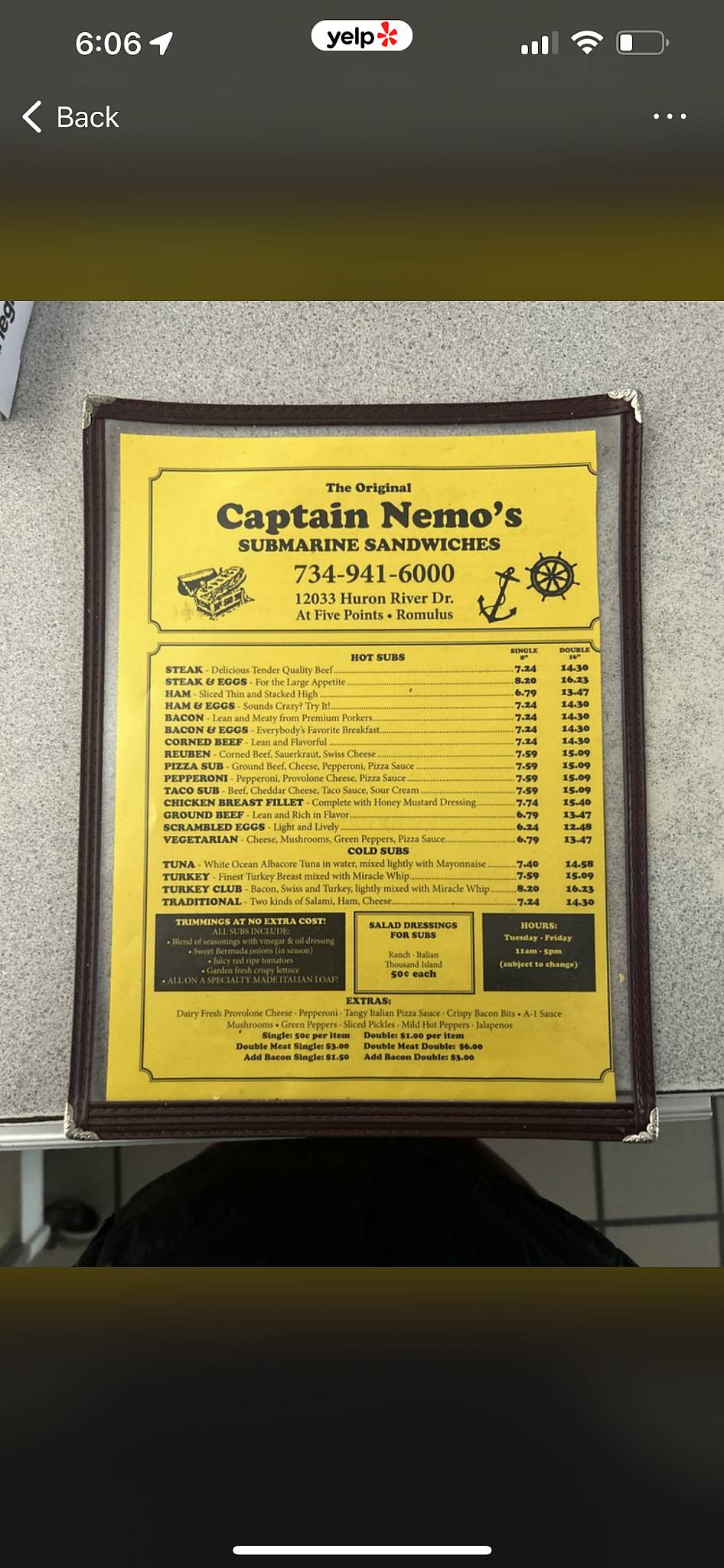 Menu at Captain Nemo's Sandwiches restaurant, Romulus