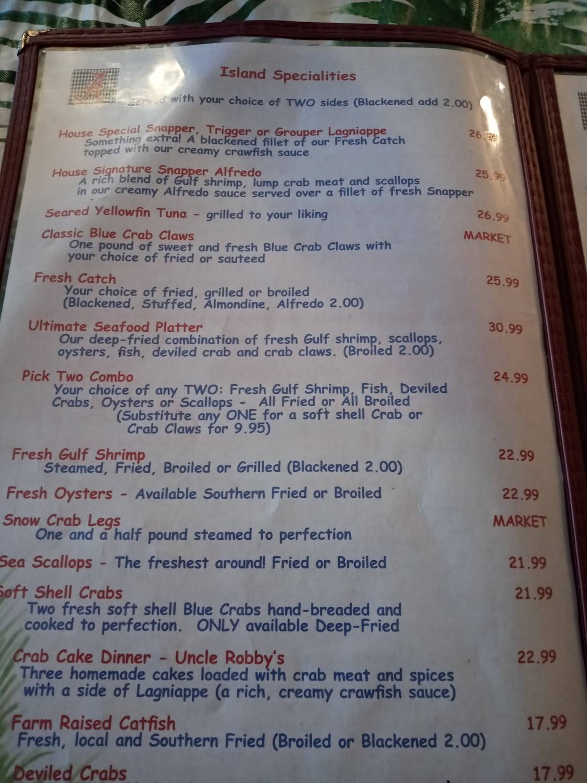 Menu at Capt'n Snapper's restaurant, Dauphin Island