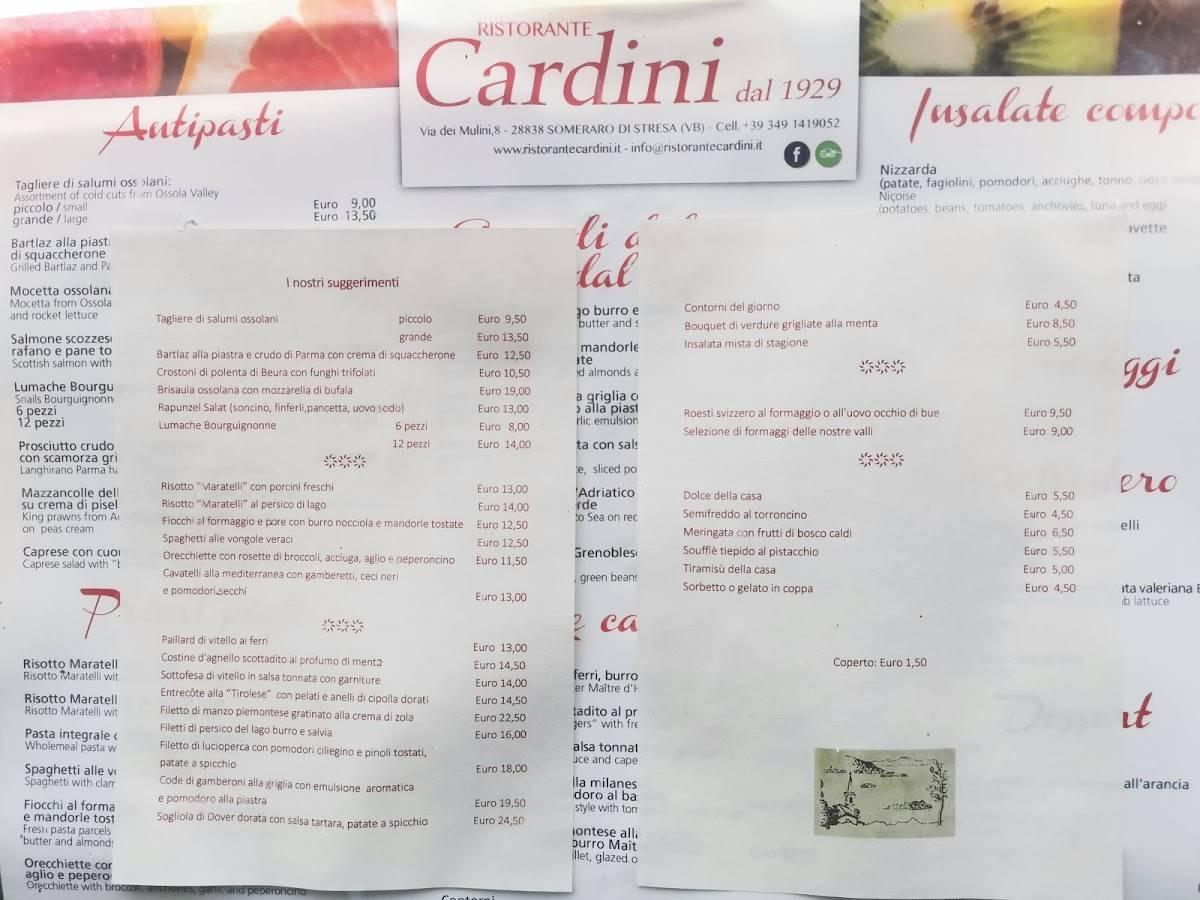 Menu at Cardini restaurant, Stresa