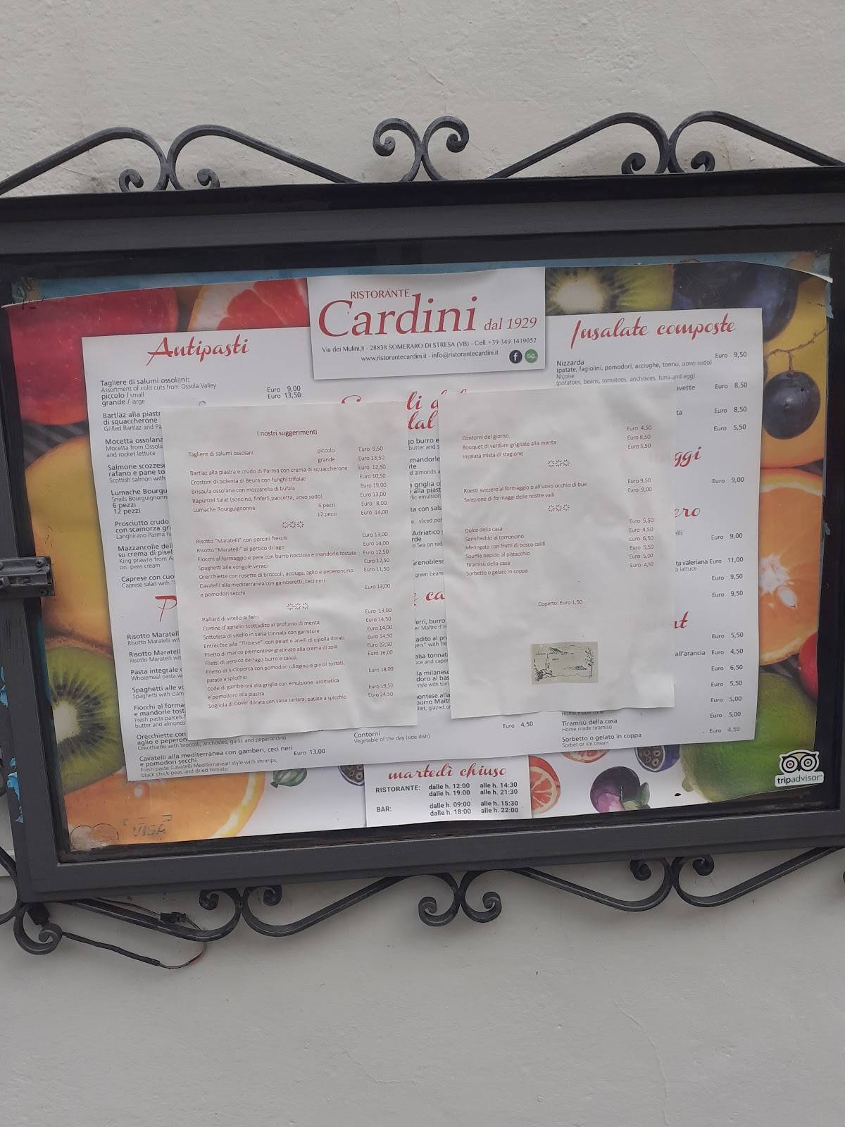 Menu at Cardini restaurant, Stresa