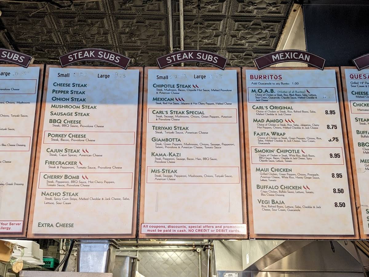 Menu at Carl's Steak Subs restaurant, Waltham