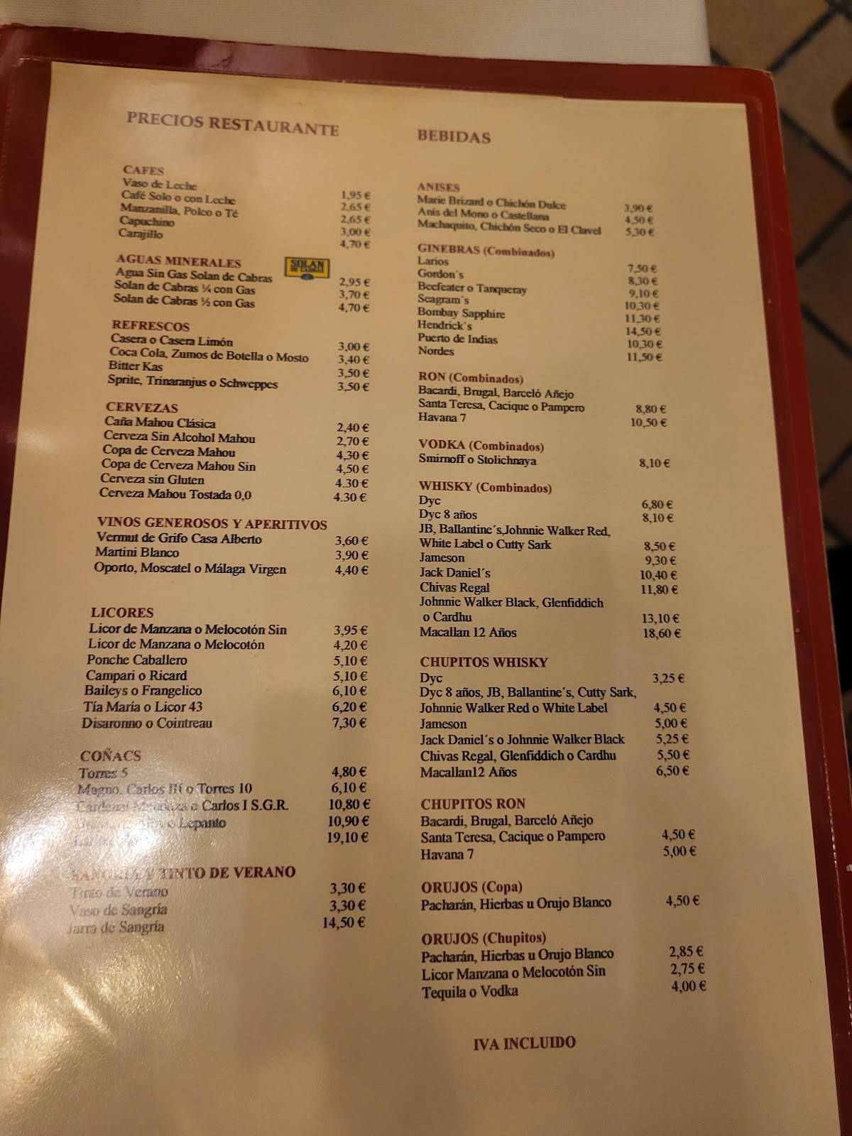 Carta del restaurante Casa Alberto, Madrid, Calle del Las Huertas