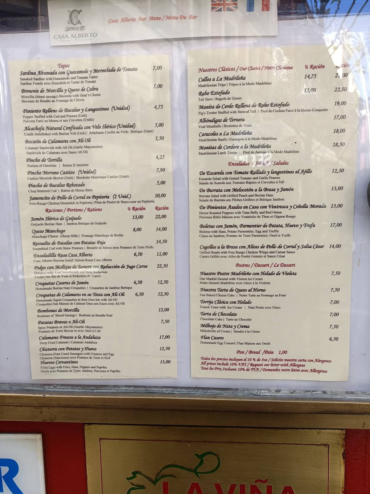 Carta del restaurante Casa Alberto, Madrid, Calle del Las Huertas