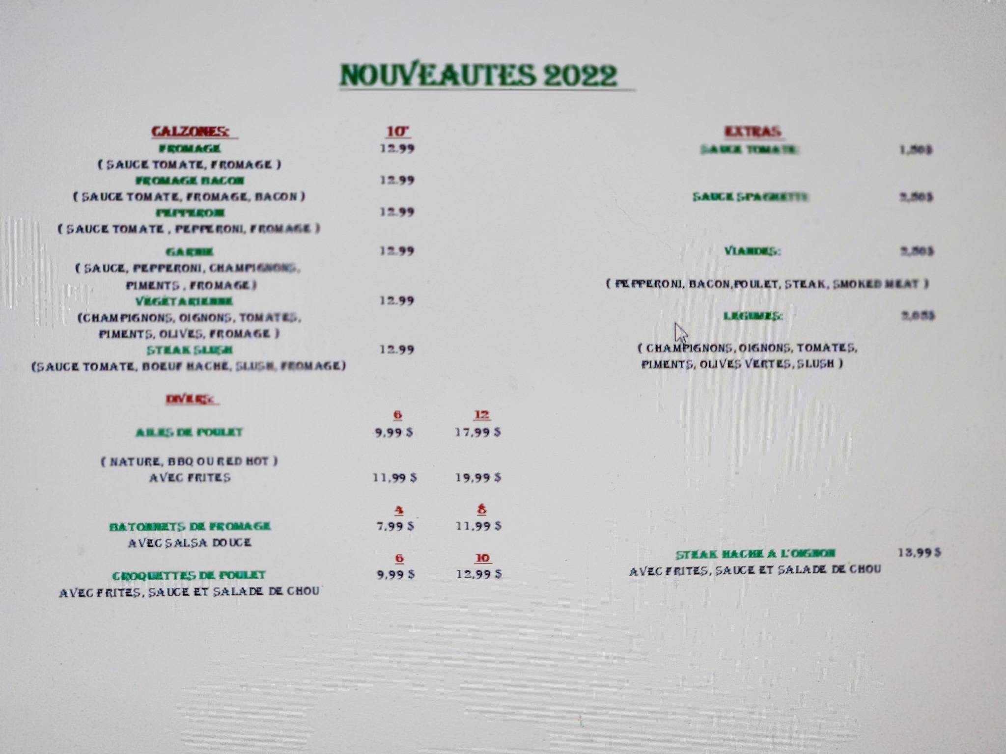Menu au Casse-Croûte Chez Louis restaurant, Québec