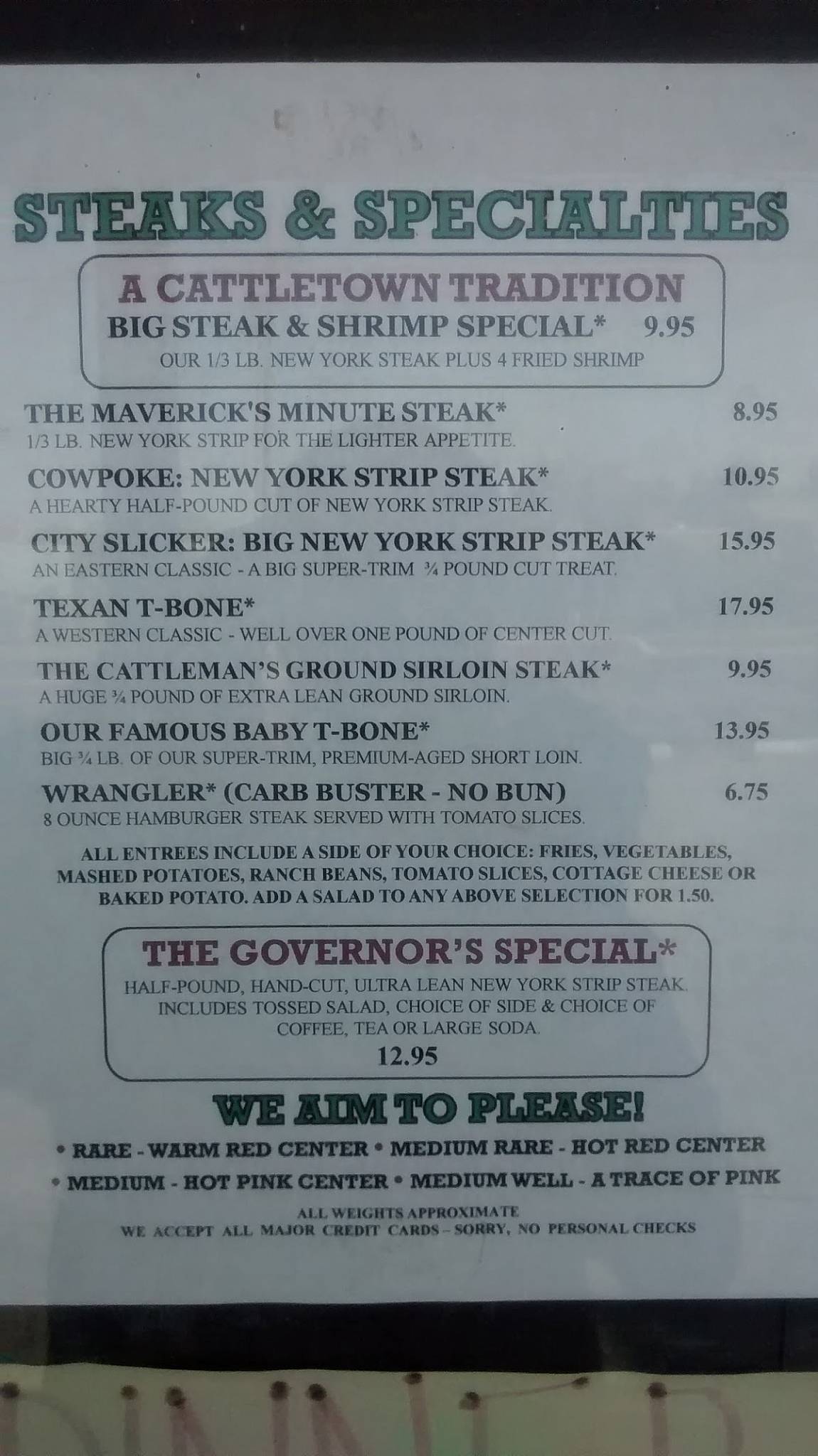 Menu at Cattletown Steakhouse & Saloon, Tucson