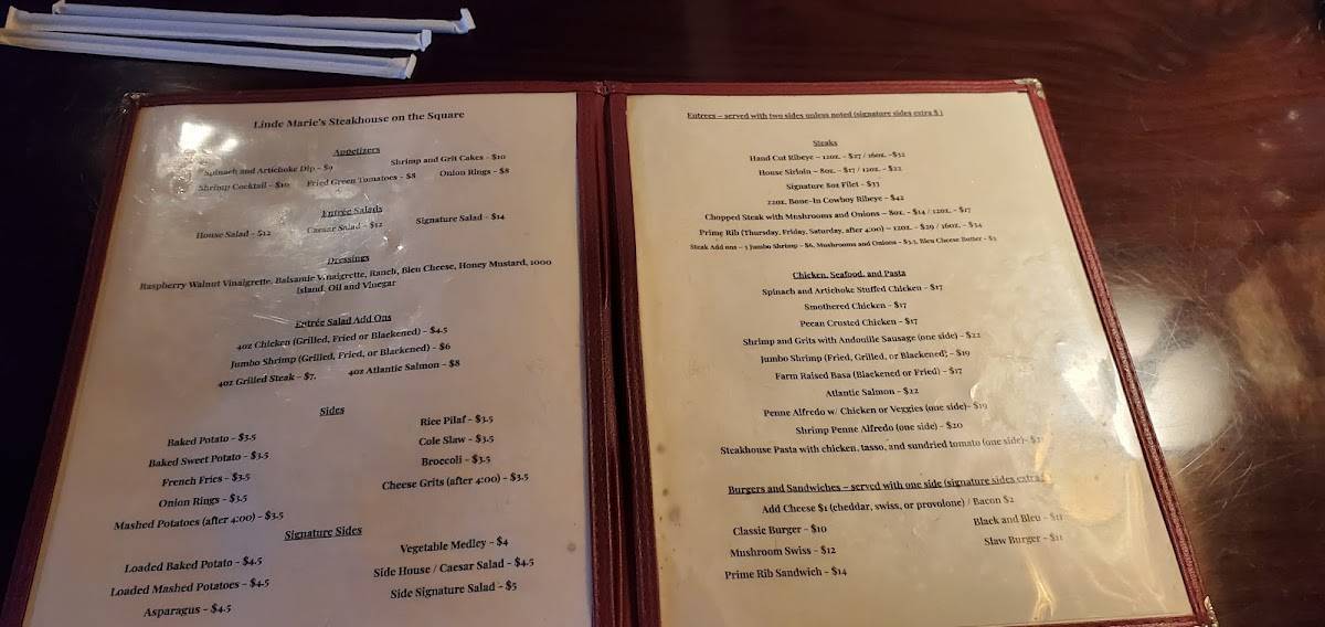 Menu at Linde Marie's Steakhouse on the Square, Cave Spring