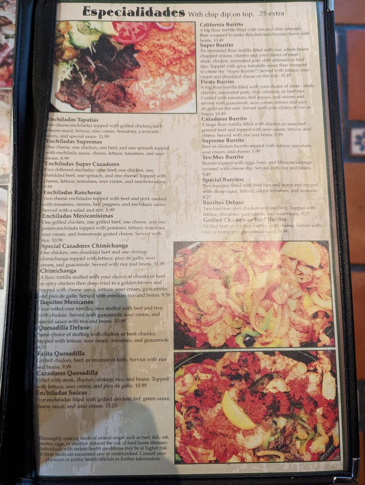 Menu at Cazadores restaurant, Ridgeland