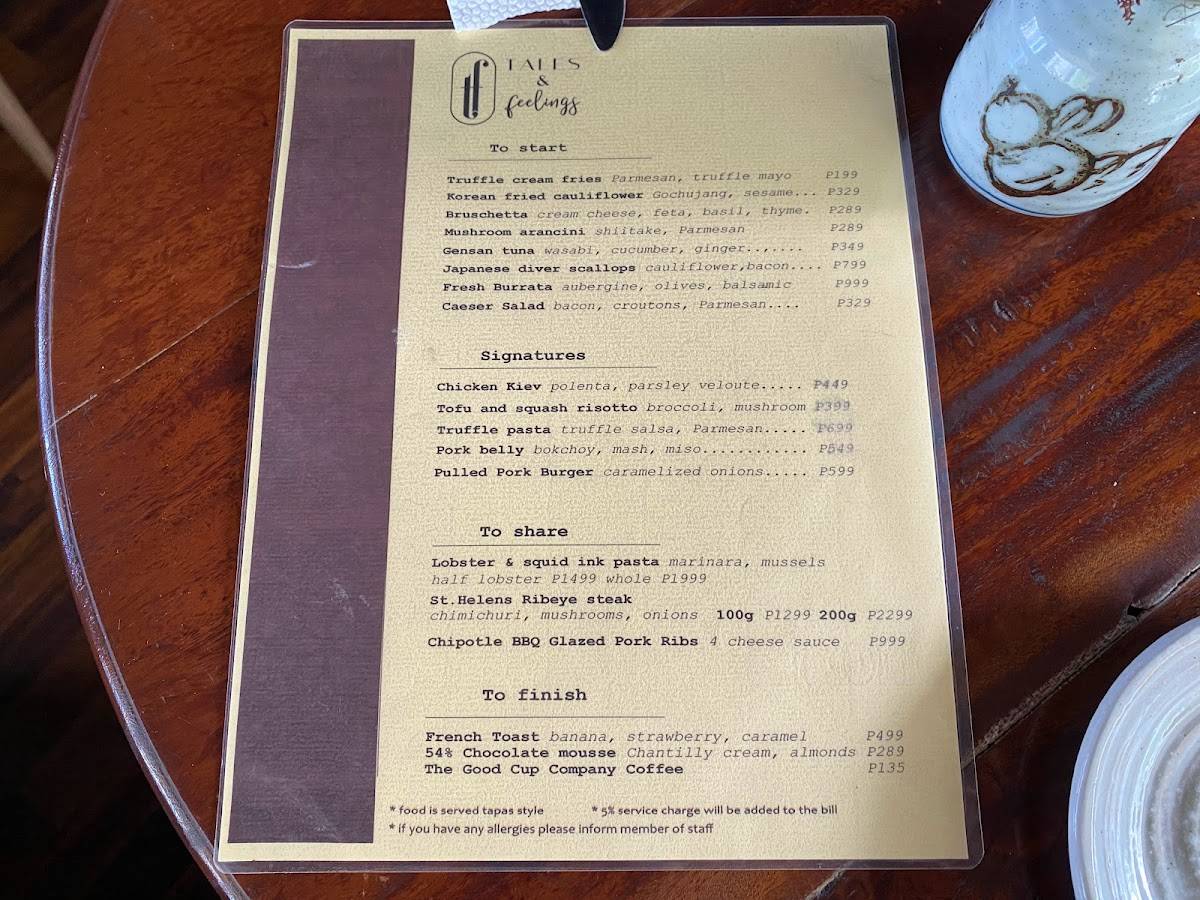 Menu at Tales and Feelings restaurant, Cebu City